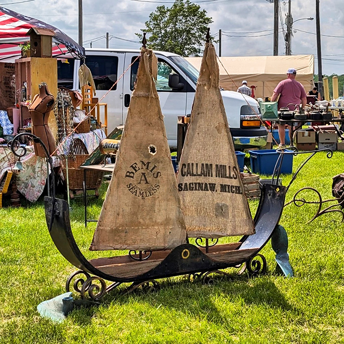 Nautical nostalgia crafted from authentic materials—this sailboat sculpture carries memories from Great Lakes industry to your living room mantel.
