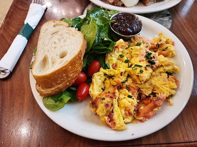 Scrambled eggs that clearly went to culinary school, graduating with honors alongside their sophisticated salmon classmates.