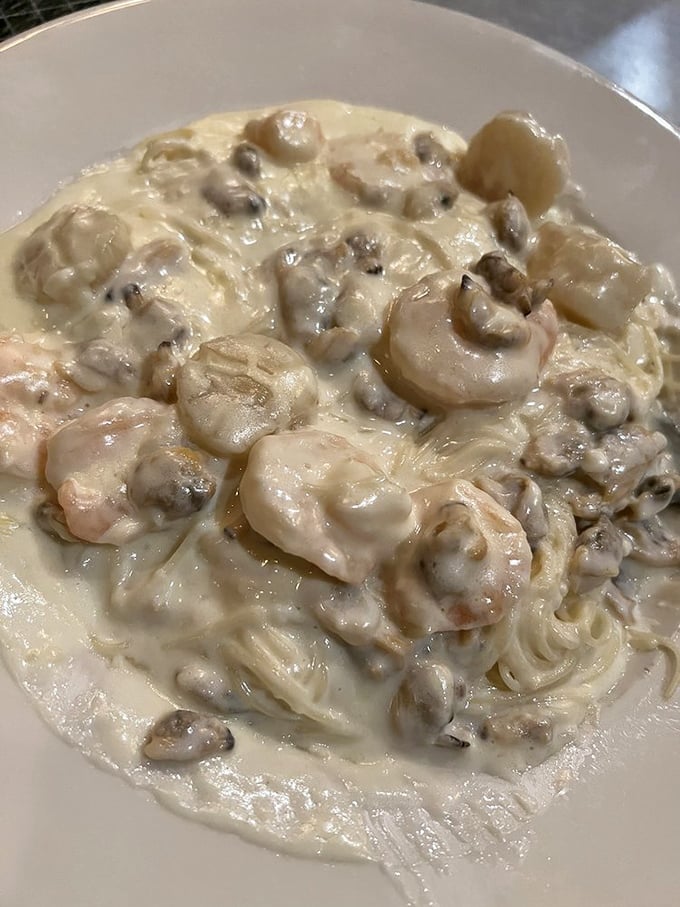 This seafood pasta isn't just dinner&mdash;it's a creamy ocean symphony with mushrooms playing backup to plump, tender shrimp.