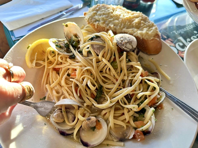 Linguine that's basically a fishing net, gloriously tangled with clams that were swimming this morning. Pasta as it should be&mdash;a vehicle for seafood.
