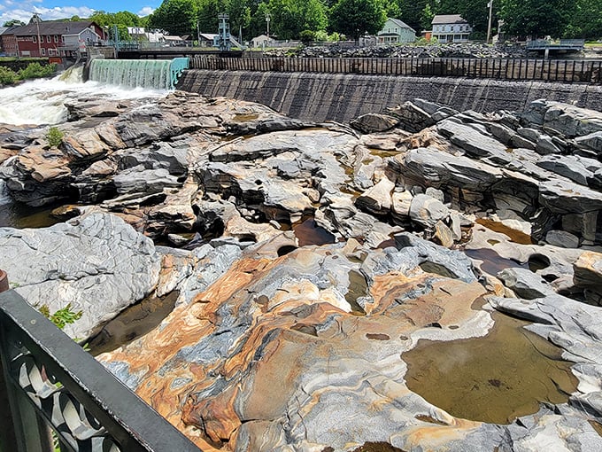 Nature's sculpture garden&mdash;the glacial potholes reveal the patient artistry of water and time, creating swirls in stone no human could match.