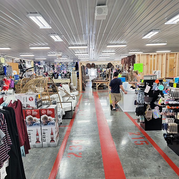 Red pathways guide shoppers through a labyrinth of treasures, creating order in what could otherwise become a chaos of curiosities.