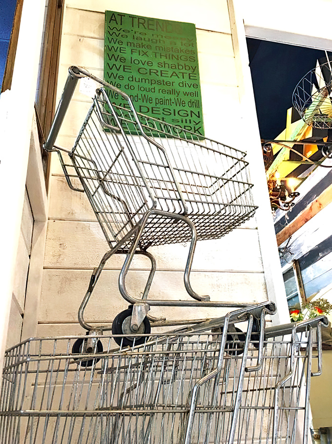 Even the shopping carts have character at Trends! That green manifesto on the wall perfectly captures the creative, upcycling spirit of this vintage wonderland.