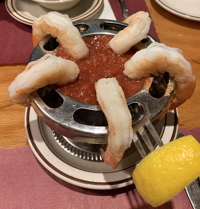 This shrimp cocktail is architectural in its presentation&mdash;a skyline of plump shrimp reaching toward that zesty sauce below.