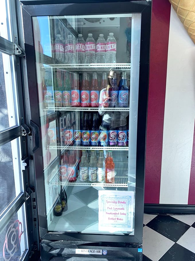 Even the beverages wear pink here. These aren't just sodas—they're potions that complement your sugar adventure.