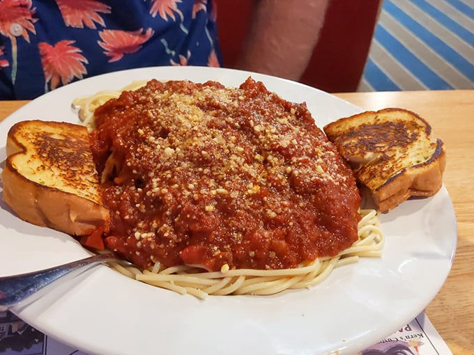 Spaghetti that doesn't need a passport to transport you to comfort food heaven. That garlic toast isn't just a side&mdash;it's the perfect sauce-sopping tool.