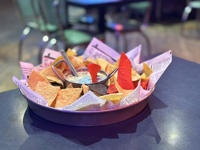 Chips and dip &ndash; the universal language of appetizers. These colorful tortilla chips are just vehicles for that glorious cheese dip.