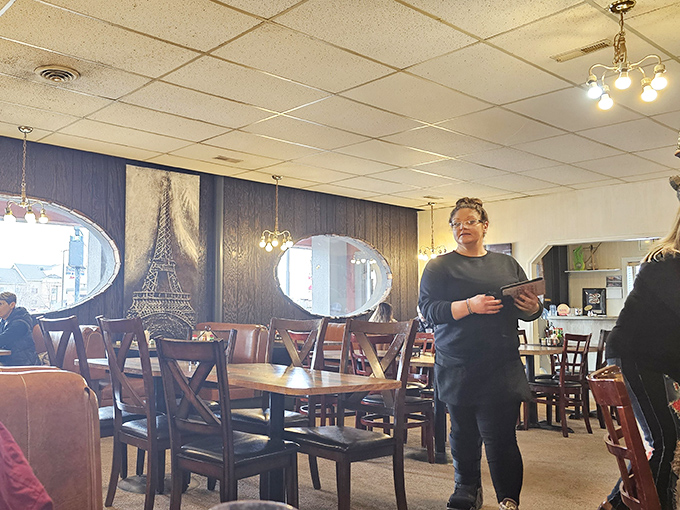 The dining room's oval mirrors and Eiffel Tower decor add unexpected Parisian flair to this Idaho Falls culinary institution.