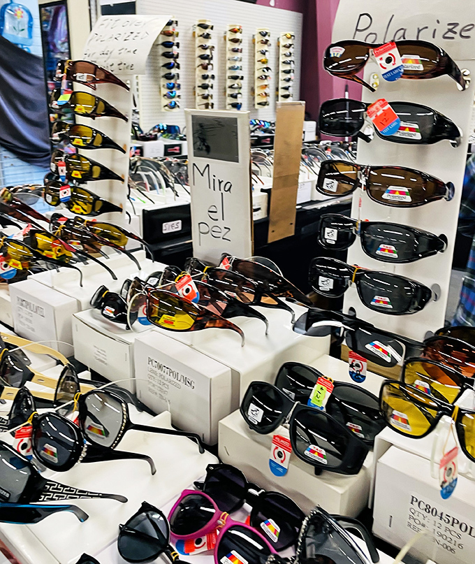 Sunglasses as far as the eye can see, proving that Florida takes its squint prevention very seriously. SPF for your eyeballs in every imaginable style.
