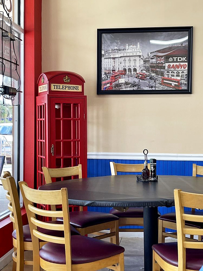 A classic red telephone booth that doesn't ring&mdash;unless you count it calling to your inner Anglophile. British nostalgia meets Florida dining in picture-perfect harmony.