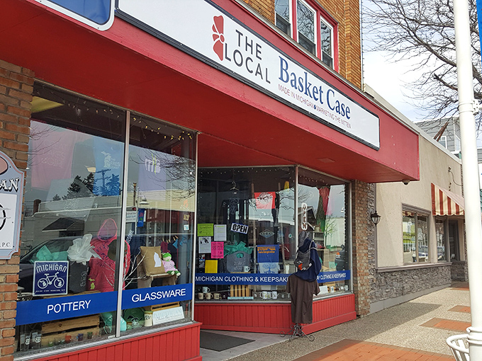 The Local Basket Case showcases Michigan-made treasures in its welcoming windows. Pottery, glassware, and state pride all on cheerful display.
