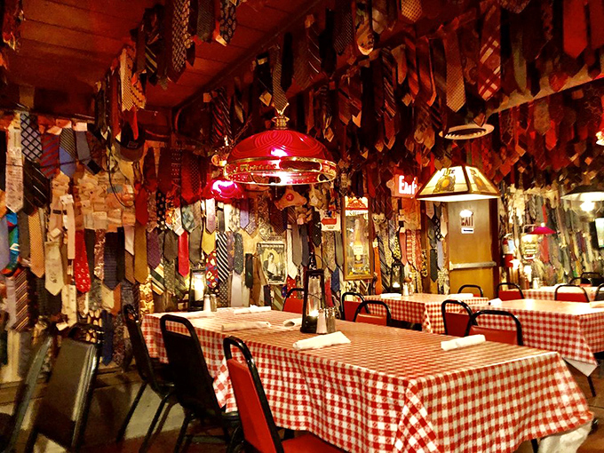 Hundreds of neckties create ceiling art that's quirky, conversation-starting, and surprisingly charming in execution.