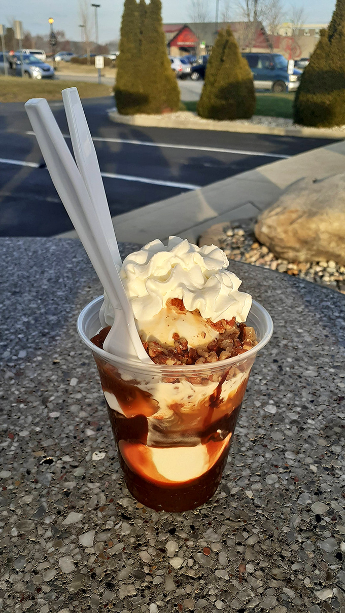 The Turtle Sundae: hot fudge, caramel, and pecans performing a synchronized swimming routine in vanilla custard.