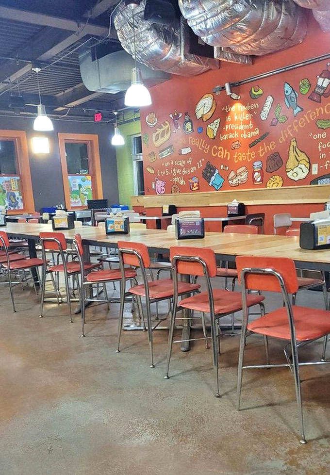 Colorful wall art featuring food quotes and illustrations reminds you that you're in a place where eating is taken seriously, but not solemnly.