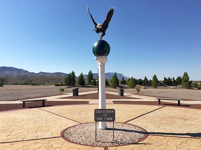 This eagle sculpture stands guard over Veterans Memorial Park, a solemn yet beautiful tribute under New Mexico's endless sky.