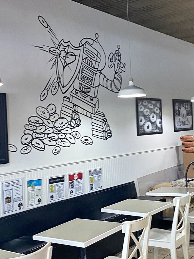 A robot guardian watches over the donut kingdom, ensuring each pastry meets the standards of deliciousness.