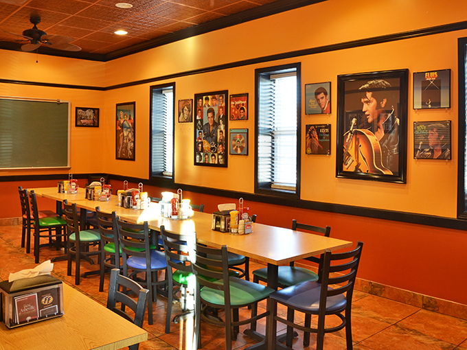 Orange walls provide the perfect backdrop for music legends who would surely approve of the comfort food served in their presence.