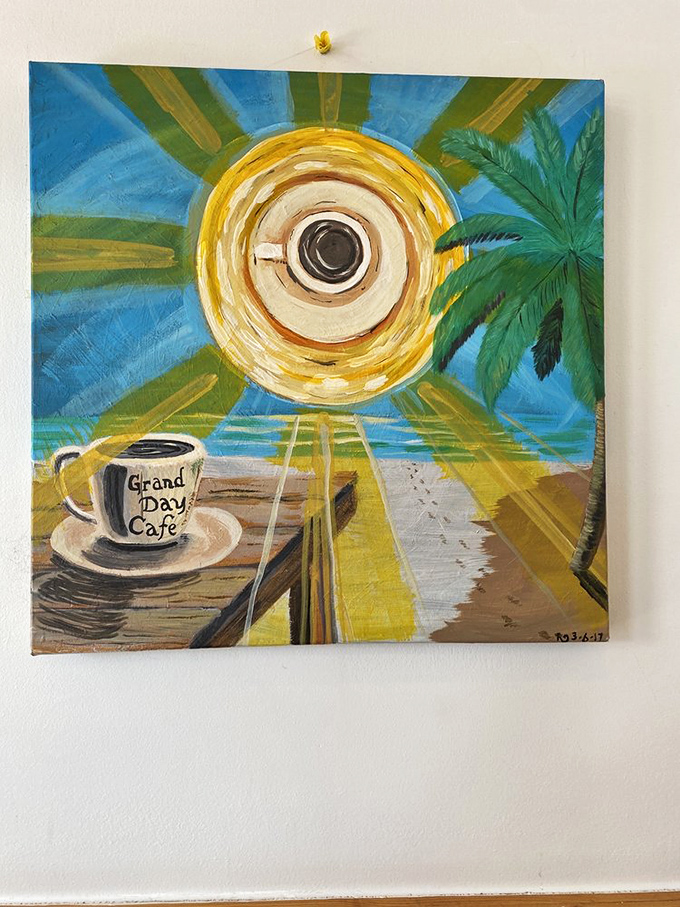 This whimsical wall art perfectly captures the Grand Day philosophy—coffee and sunshine, the twin pillars of a life well-lived.