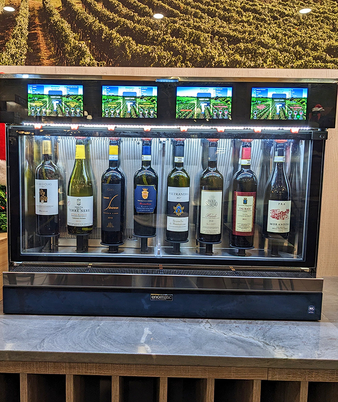 Wine dispensers: the adult version of soda fountains, offering liquid geography lessons from Italy's most celebrated vineyards.