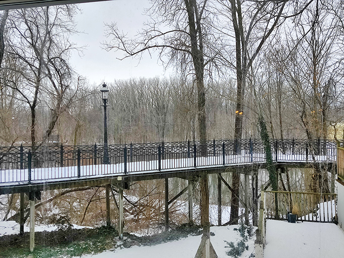 Winter transforms Allegan's pedestrian bridge into something from a holiday card &ndash; proving Michigan knows how to make even cold look inviting.
