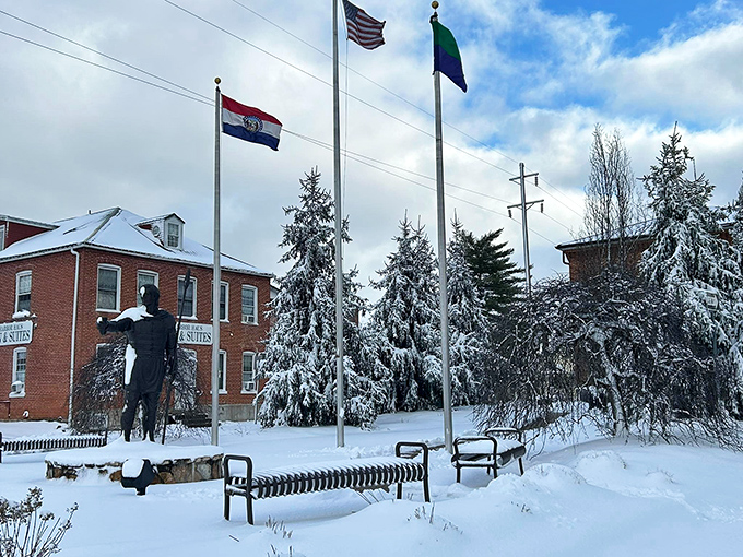 Winter in Hermann wraps historic buildings in a snow blanket that would make any holiday card jealous. Even the statues seem to stand a little prouder in their seasonal finery.