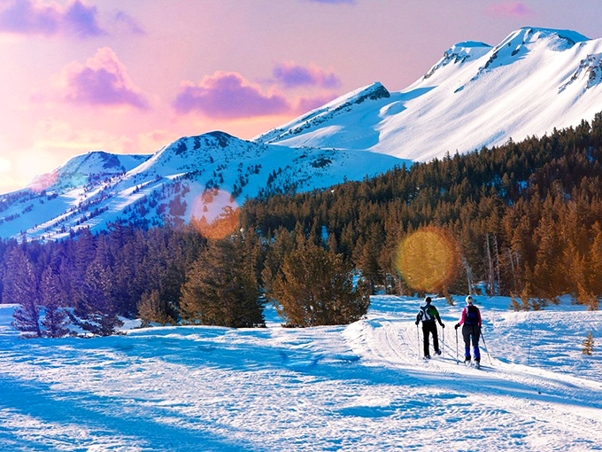 Winter wonderland in action: Cross-country skiers glide through snow-blanketed terrain as alpenglow paints the mountains in cotton-candy hues.