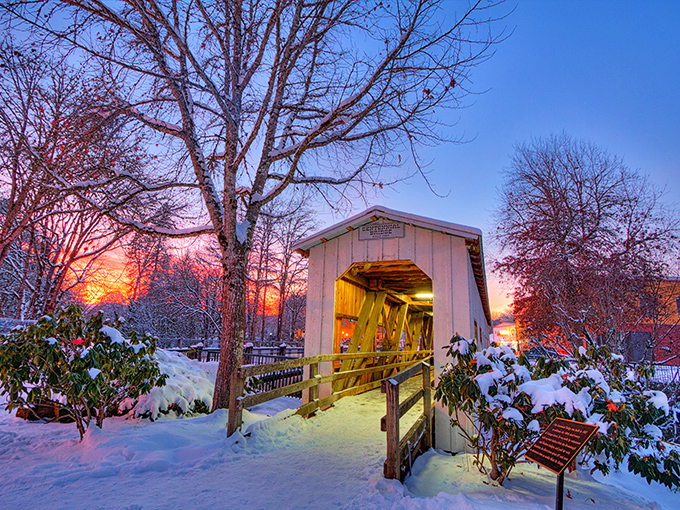 Covered bridges in winter snow look like they've escaped from the most perfect holiday card you've ever received.