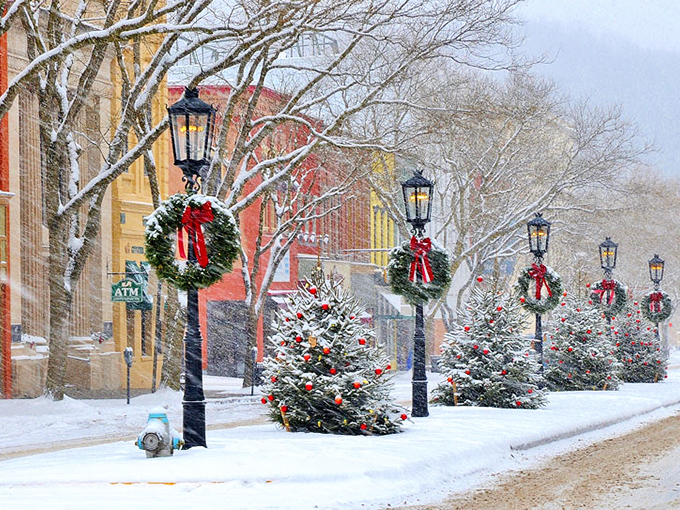 Winter transforms downtown into a Norman Rockwell painting with festive decorations and old-fashioned holiday charm.