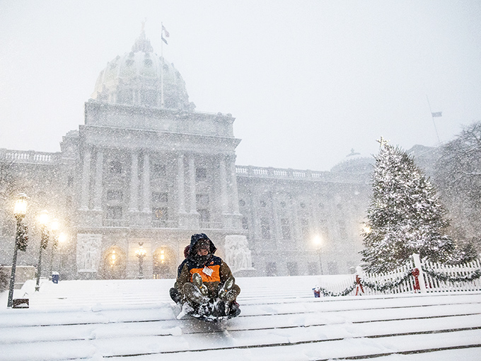 Snow transforms the Pennsylvania Capitol into a snow globe scene&mdash;proof that government buildings can occasionally inspire wonder instead of just paperwork.