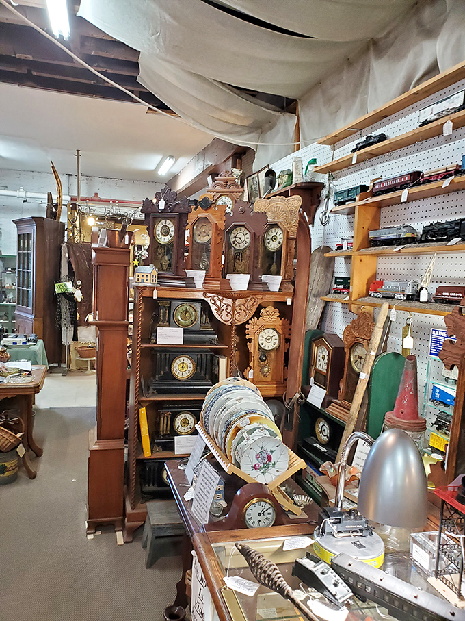 The grandfather clock corner could be titled "Timekeepers of Another Era." Each face tells not just the hour but a story about craftsmanship that's increasingly rare.