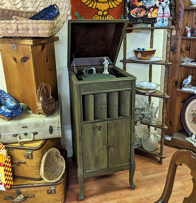 This antique record player cabinet waits patiently for someone who appreciates that music sounds better with a little history.