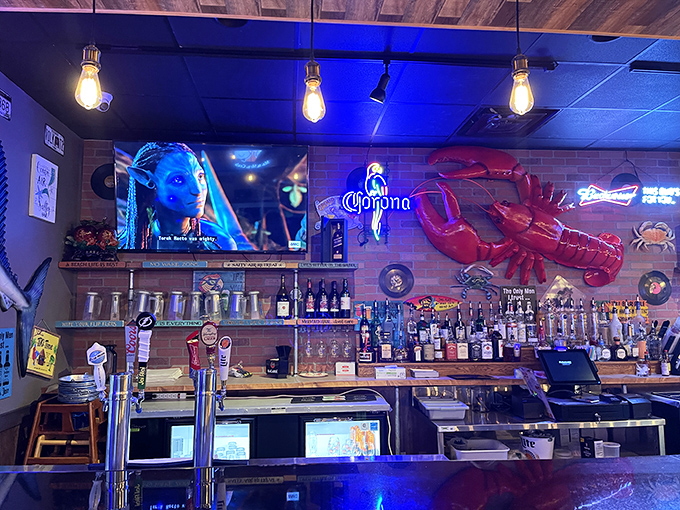 The bar area&mdash;where nautical meets practical. That red lobster on the wall isn't just decoration; it's keeping an eye on your drink order.