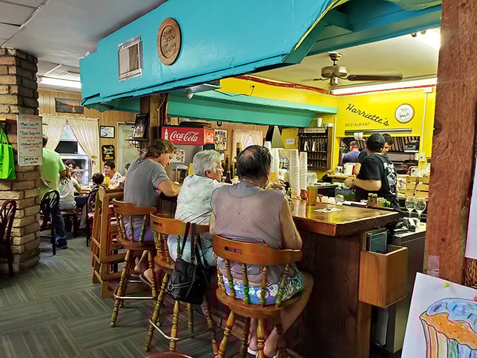 The counter seating offers front-row tickets to the breakfast show, where regulars and staff exchange the morning news over steaming coffee.