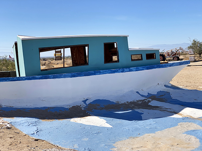 Even boats find new purpose here. This landlocked vessel sails on waves of paint rather than water&mdash;a desert mirage made permanent.