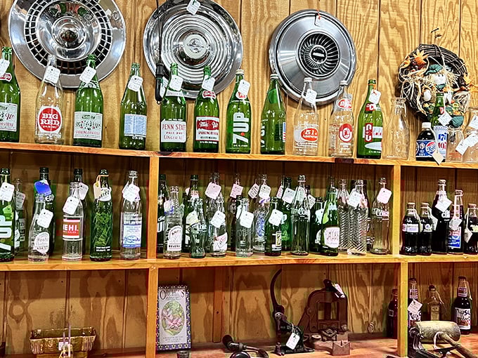 The bottle collection gleams like liquid history, each glass vessel a time capsule from when soda fountains ruled and local breweries dotted small-town America.