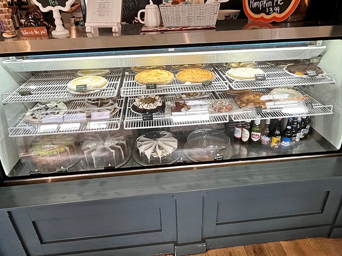 The dessert case &ndash; where willpower goes to die. Each pie and cake silently whispering, "You know you want me."