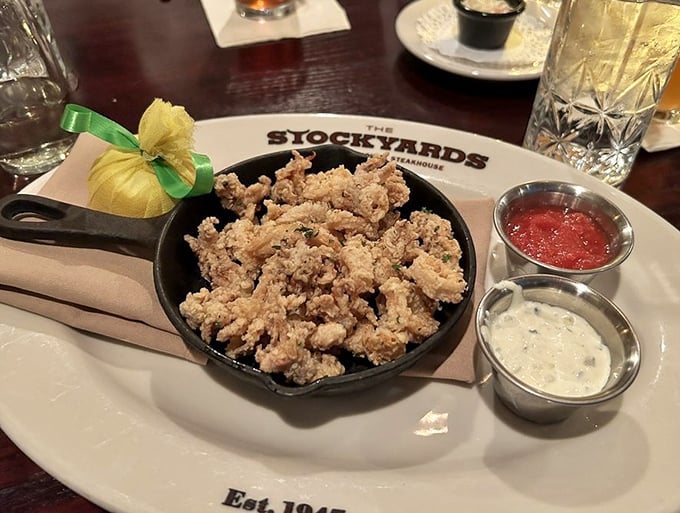 Calf fries—the polite term for what these are—arrive crispy, tender and ready to challenge your culinary courage. When in Rome, cowboys...