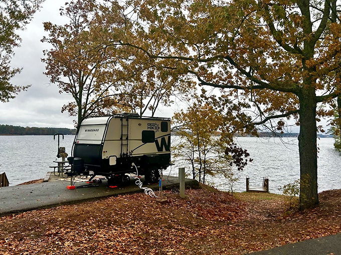 Fall camping perfection: where autumn leaves create a natural confetti celebrating your escape from everyday life into lakeside tranquility.