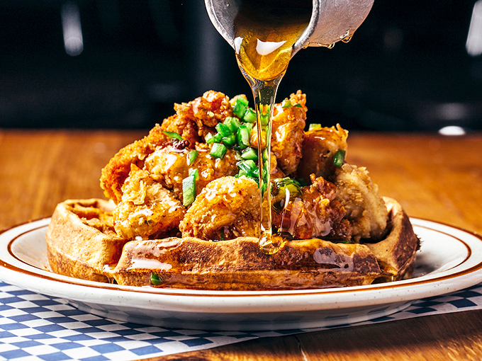 Chicken and waffles with honey drizzle—the breakfast-dinner mashup that proves some relationships are worth crossing traditional boundaries for.