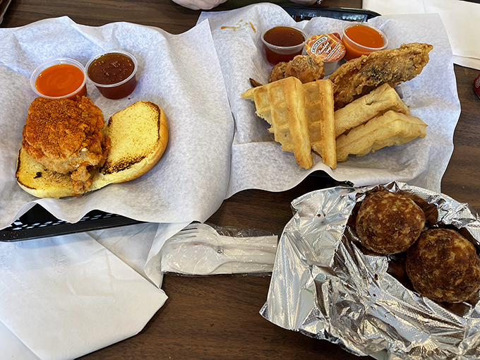 Not just a sandwich but a full-scale picnic between bread. Those sauces aren't condiments - they're supporting actors in a delicious drama.