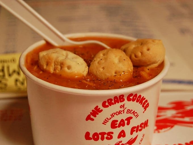 Their famous clam chowder &ndash; where plump clams and pillowy oyster crackers swim in a sea of creamy perfection. Comfort in a cup with the restaurant's cheeky motto.
