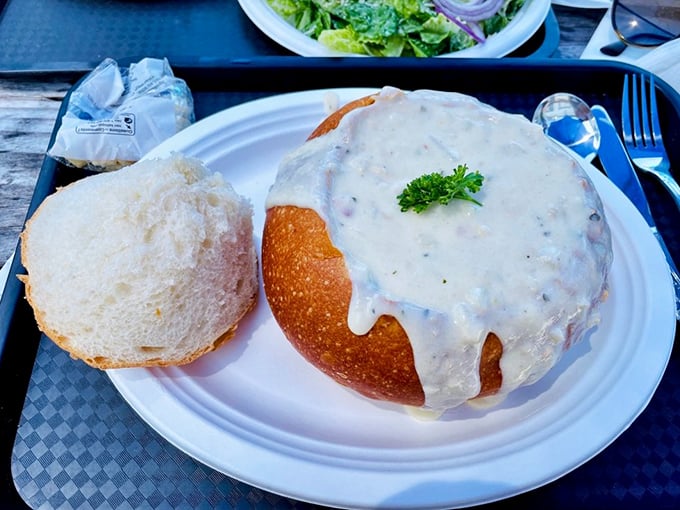 Clam chowder so hearty it needs a bread bowl to contain its ambitions. Comfort in a crust, California-style.