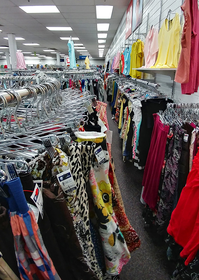 Clothing racks create a colorful canyon of fashion possibilities&mdash;where patient shoppers can mine for designer gems among everyday basics.