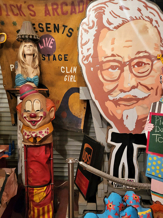 The carnival memorabilia section features vintage clowns and sideshow attractions that remind us entertainment wasn't always available via smartphone.