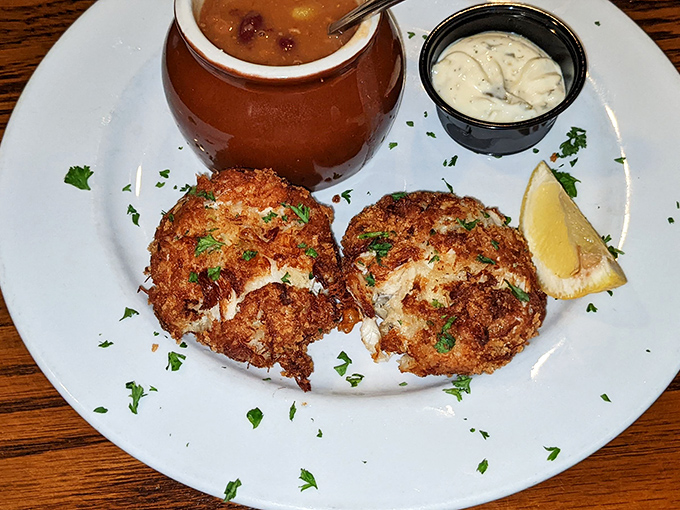 Two golden crab cakes that pack more flavor than should be legally allowed in Pennsylvania.