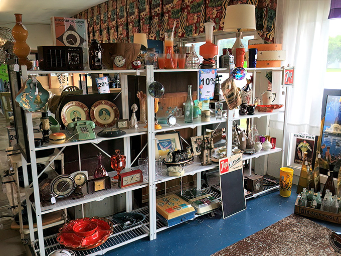 Every shelf tells a story of American design evolution. That orange glassware has seen more cocktail parties than your current barware ever will.