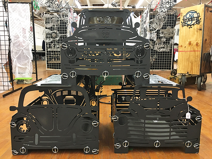 American automotive nostalgia rendered in steel. These metal cutouts celebrate the classic curves Detroit doesn't make anymore.