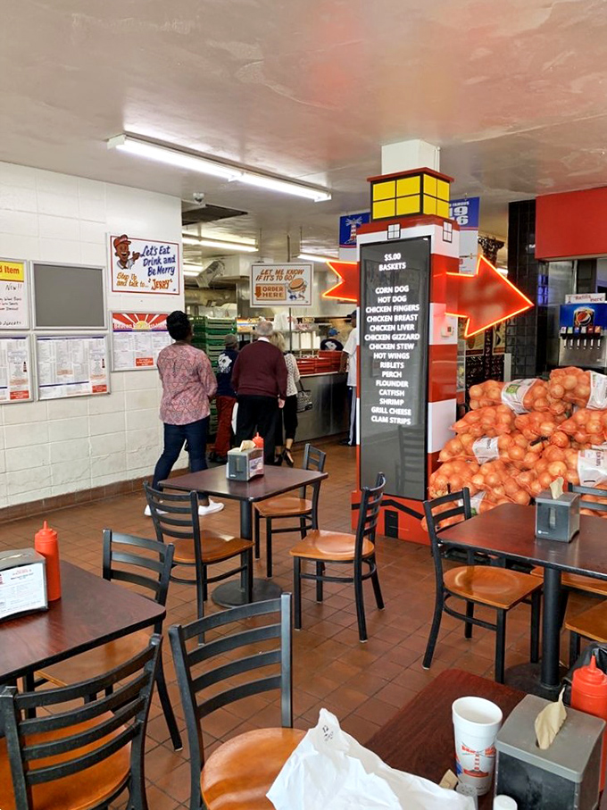 No-nonsense tables, practical chairs, and the unmistakable aroma of burgers on the grill&mdash;The Beacon's dining area prioritizes function over fashion, food over frills.