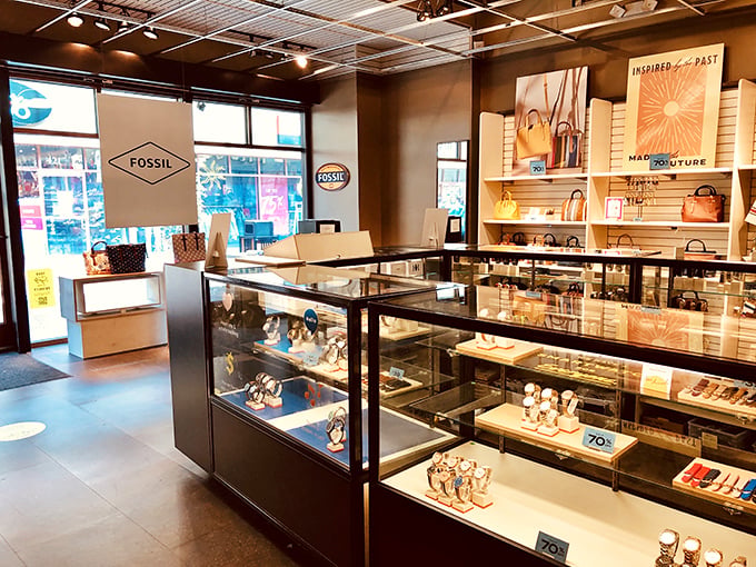 The Fossil store gleams with watches and leather goods, tempting you to replace perfectly functional accessories with shiny upgrades.