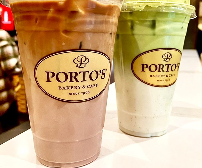 Porto's signature drinks&mdash;one chocolatey, one green tea&mdash;standing at attention like delicious soldiers ready for the battle against afternoon slumps.